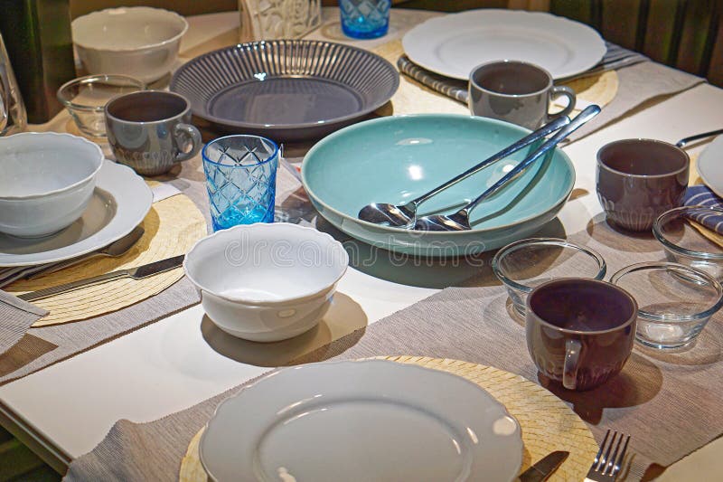 Ceramic dishes table setup stock photo. Image of plates - 352660832