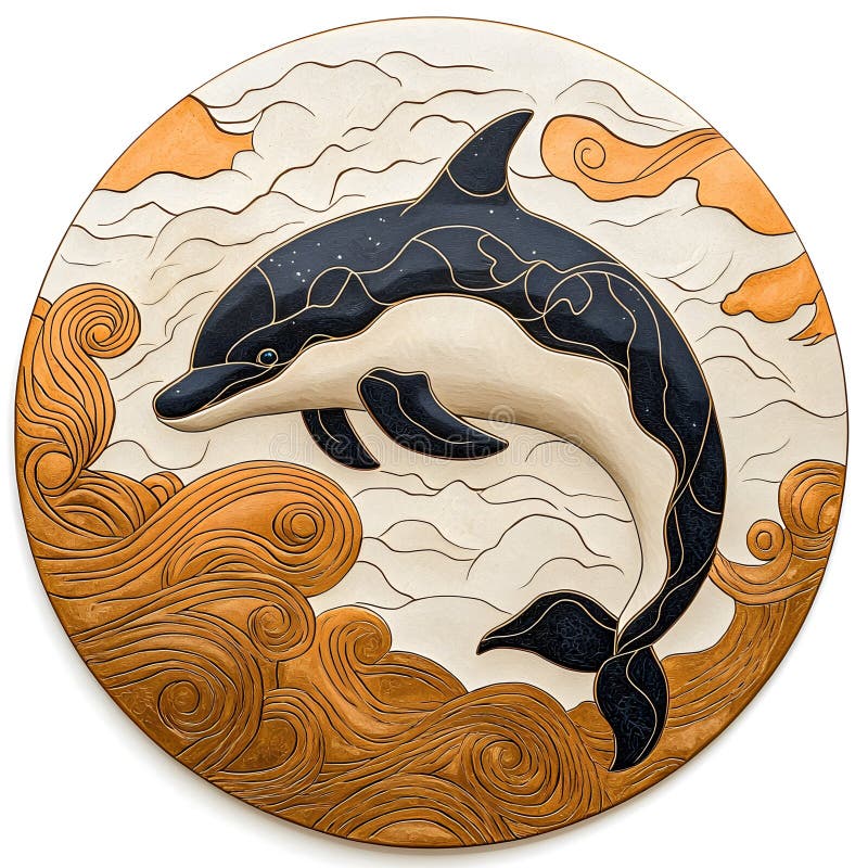 Ceramic Dolphin Plate with Stylized Waves Stock Illustration ...