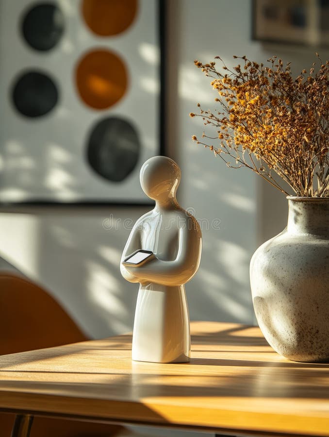Ceramic Figure on Sunlit Table with Dried Flowers. Stock Image - Image ...