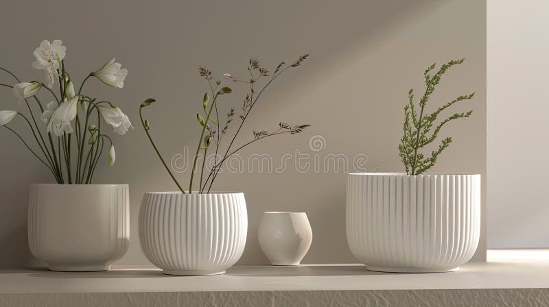 A Ceramic Flower Pot Featuring a Vertical Stripe Pattern and a Textured ...
