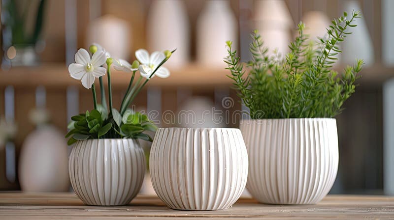 A Ceramic Flower Pot Featuring a Vertical Stripe Pattern and a Textured ...