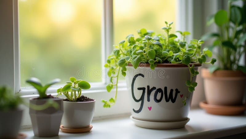Ceramic Flower Pot with Grow in Cursive on Sunny Windowsill Surrounded ...