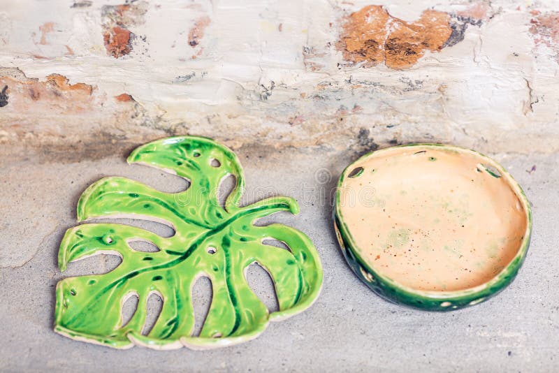 Ceramic Glazed Monstera Leaf and Handmade Plate Stock Photo - Image of ...