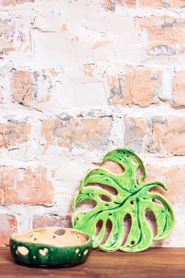 Ceramic Glazed Monstera Leaf and Handmade Plate Stock Photo - Image of ...