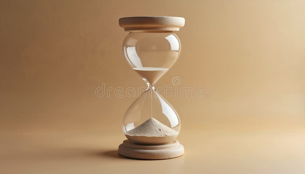 Ceramic Hourglass with Sand Flowing Down, Beige Backdrop. Symbolizes ...