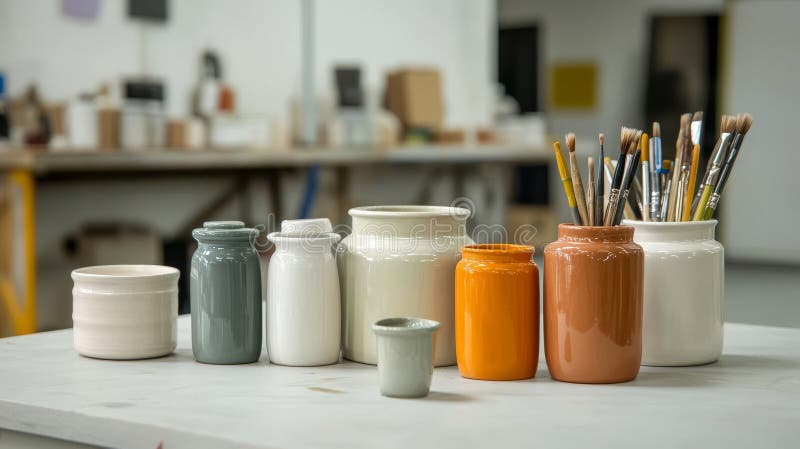 Ceramic Jars and Paintbrushes in Art Studio Pottery Paintbrushes Craft ...