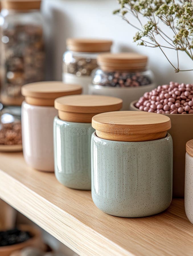 Ceramic Jars with Wooden Lids on a Kitchen Shelf. Stock Photo - Image ...