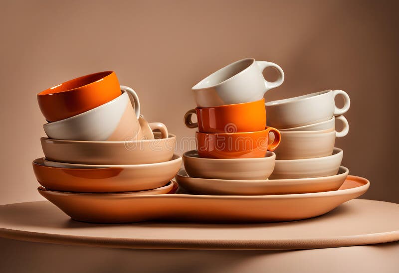 Ceramic Kitchen Cups and Plate Stock Illustration - Illustration of ...