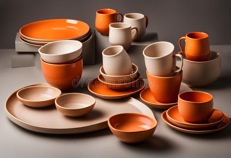 Ceramic Kitchen Cups and Plate Stock Illustration - Illustration of ...