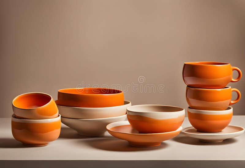 Ceramic Kitchen Cups and Plate Stock Illustration - Illustration of ...