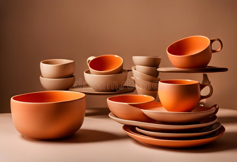 Ceramic Kitchen Cups and Plate Stock Illustration - Illustration of ...