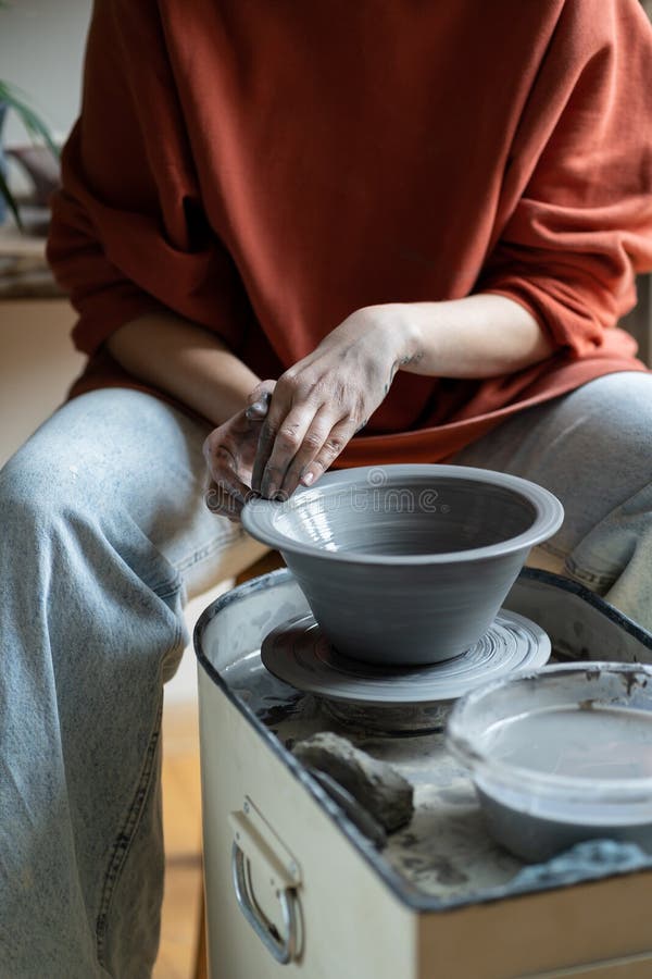 Ceramic Master Creating Handmade Stoneware on Wheel in Studio, Forming ...