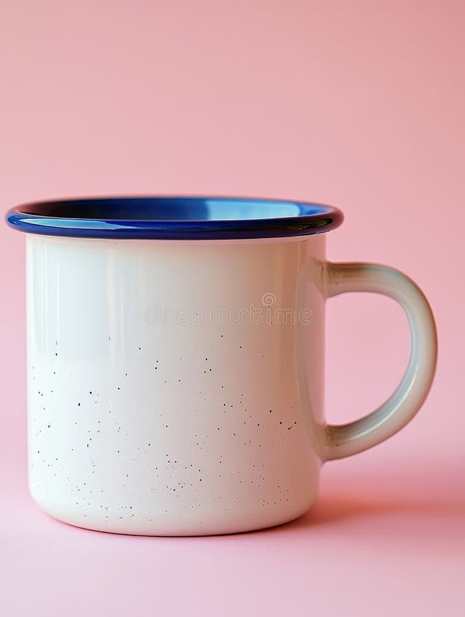 Ceramic Mug with Blue Rim on Pink Background. Stock Image - Image of ...
