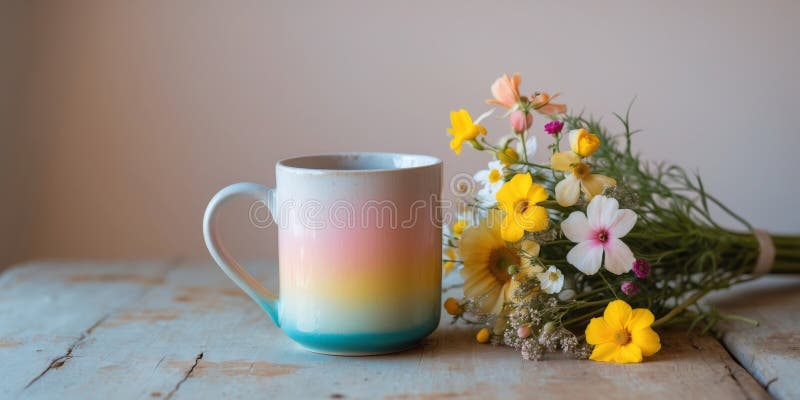 Ceramic Mug with Color Gradient Next To Wildflowers on Rustic Table ...