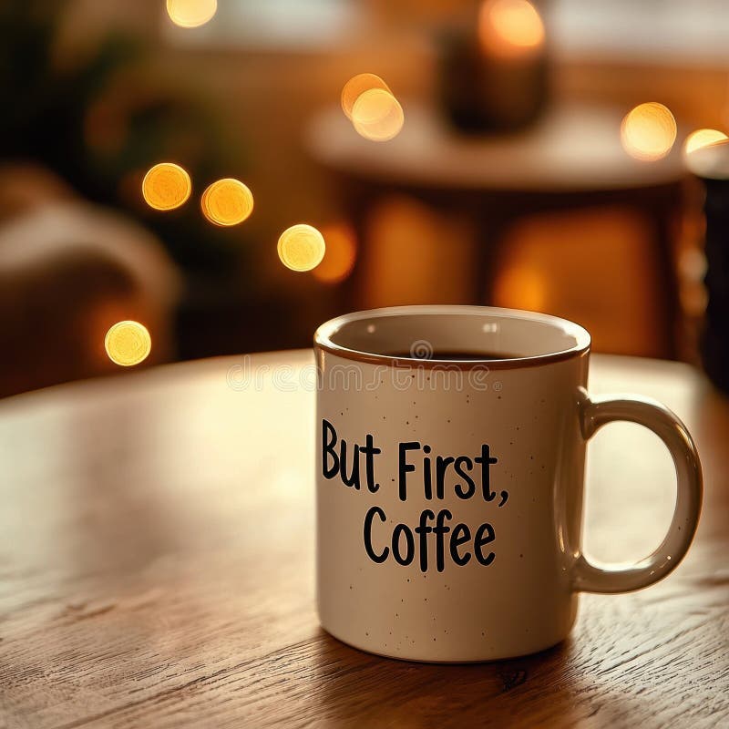 Ceramic Mug with "but First, Coffee" Text on Cozy Table Stock Photo ...