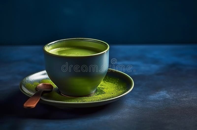 Ceramic Mug with Green Matcha Tea Close-up on Blue Background. Stock ...