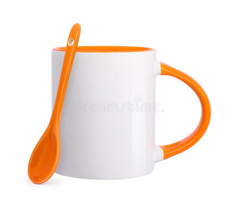 Ceramic Mug and Spoon Isolated on White Background. Template of Blank ...