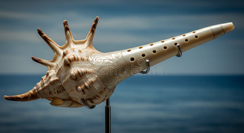 A Long Conch Shell Flute with a Glossy Finish is Positioned Against a ...