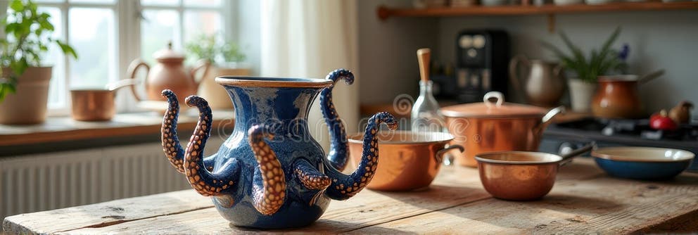 Ceramic Octopus Vase on Rustic Kitchen Table with Copper Pots and ...