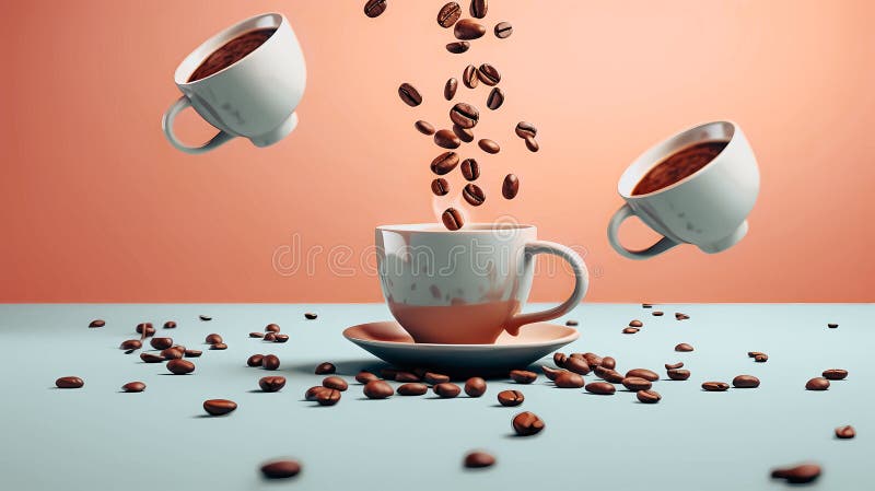 A Ceramic Peach Colour Cup on a Table, Brown Coffee Beans Falling Down ...
