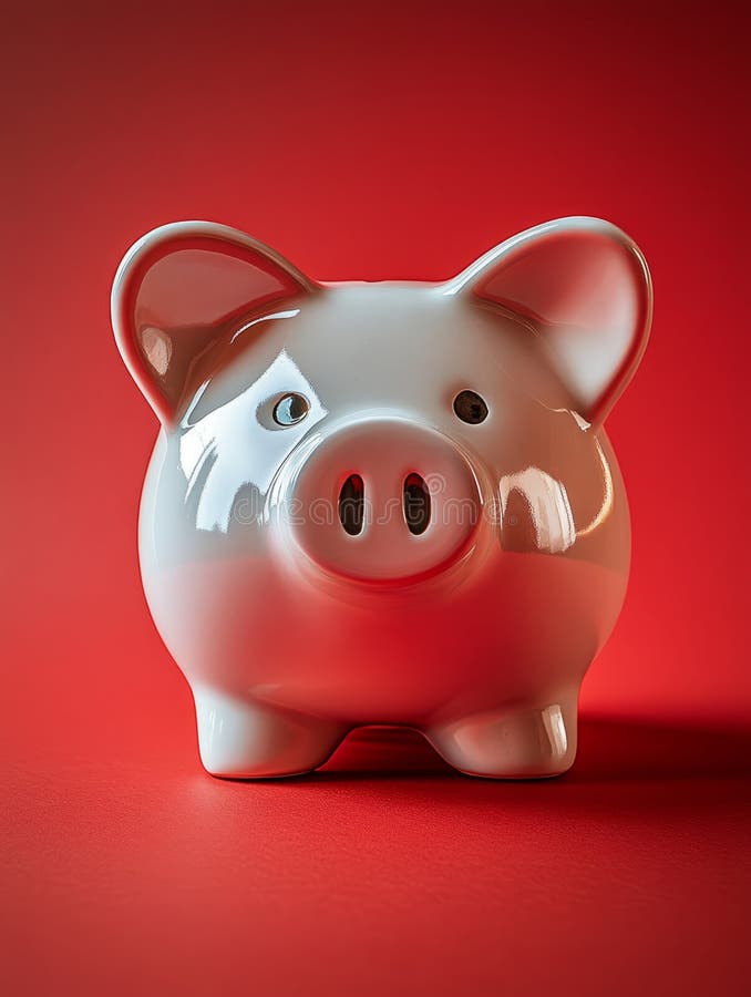 Ceramic Piggy Bank on a Red Background. Stock Photo - Image of text ...
