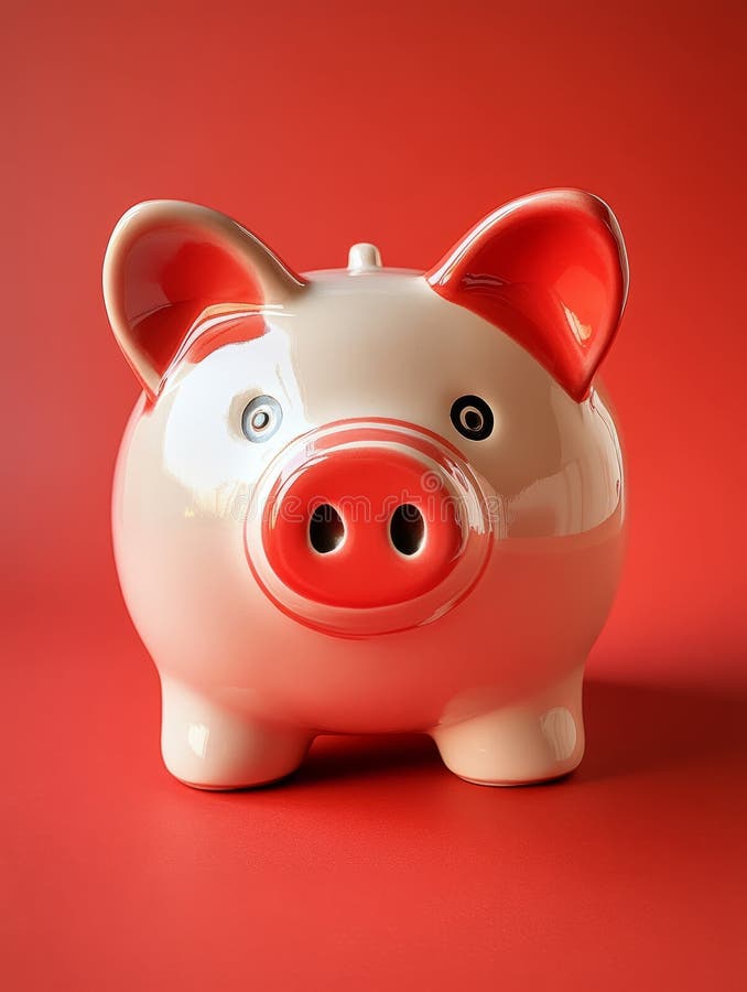 Ceramic Piggy Bank and Coins on Light Blue Background. Financial ...