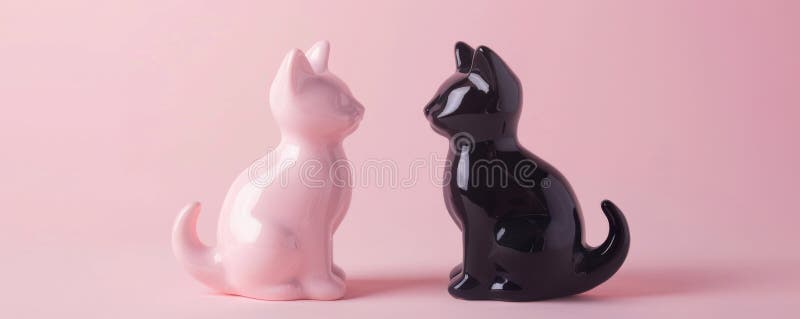 Ceramic Pink and Black Cats on Pink Background, Studio Shot ...