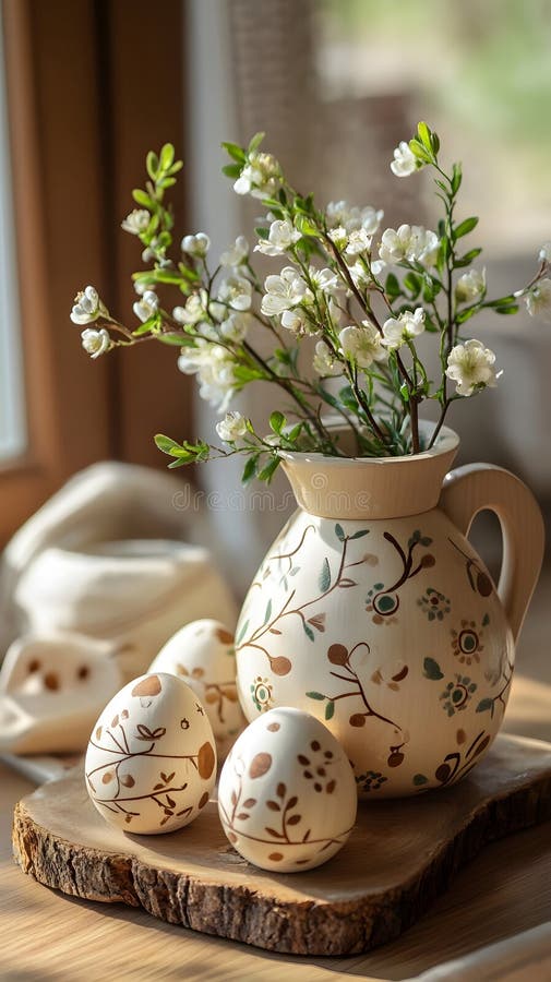 Ceramic Pitcher with White Flowers and Decorated Eggs on Wooden Board ...