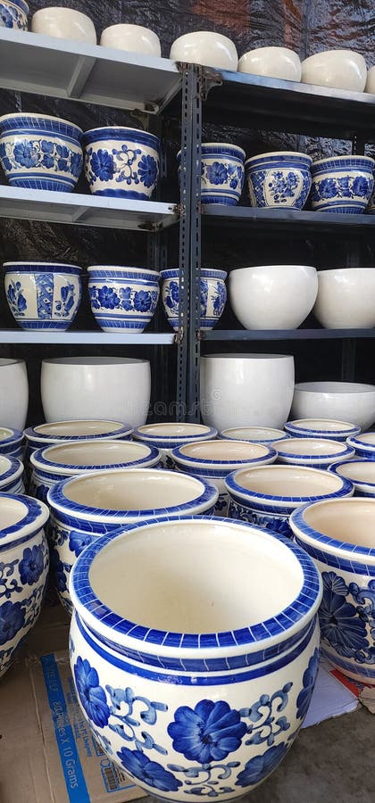 Ceramic Plant Pot with Blue Flower Motif Stock Photo - Image of color ...