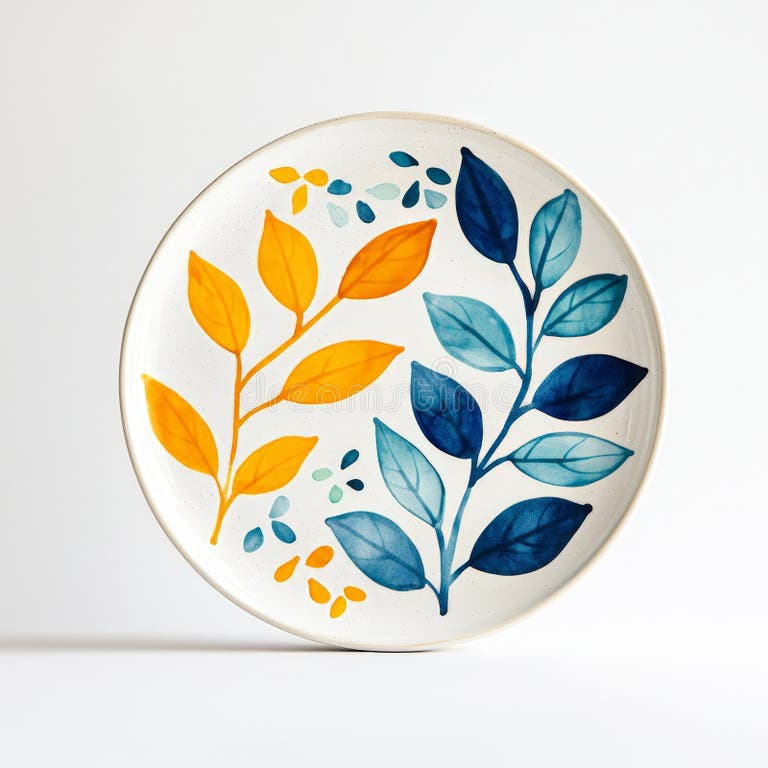 Ceramic Plate with Blue and Yellow Leaf Design for Table Setting Stock ...