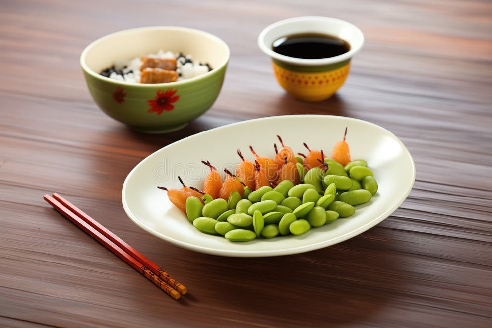 Ceramic Plate of Edamame with Soy Sauce Dip on Side Stock Photo - Image ...