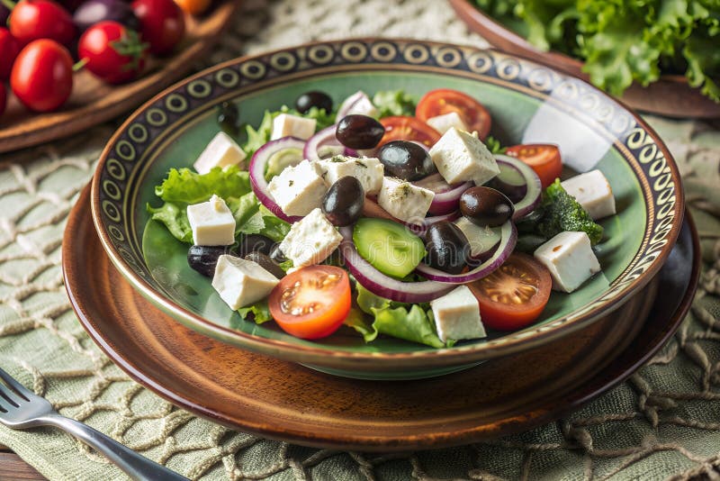 Ceramic Plate with Greek Salad Closeup Stock Illustration ...