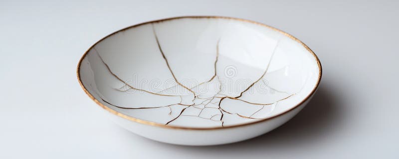 Cracked Ceramic Plate on a White Background with Delicate Gold Rim ...
