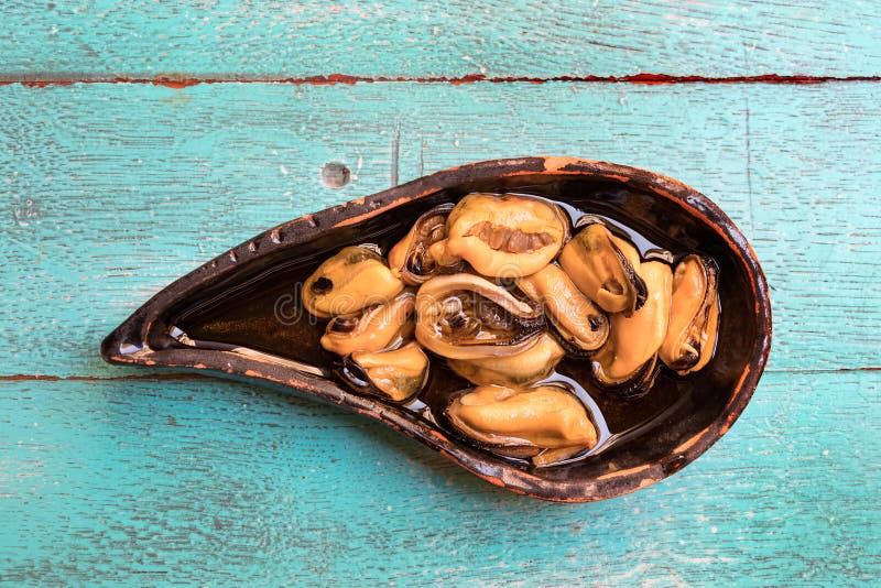 A Ceramic Plate with Mussels without Shell Stock Photo - Image of table ...