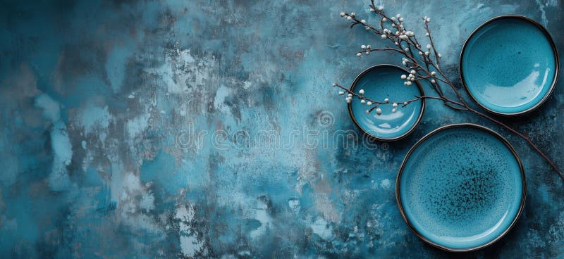 Ceramic Plates on Blue Textured Background, Three Plates Arranged ...