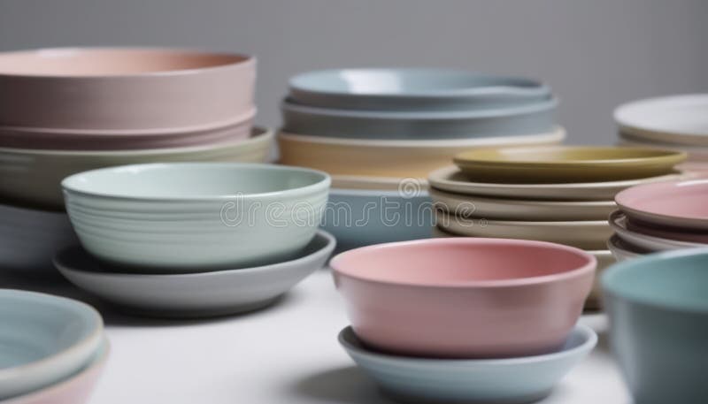 Ceramic Plates and Bowls in Pastel Colors Stock Illustration ...