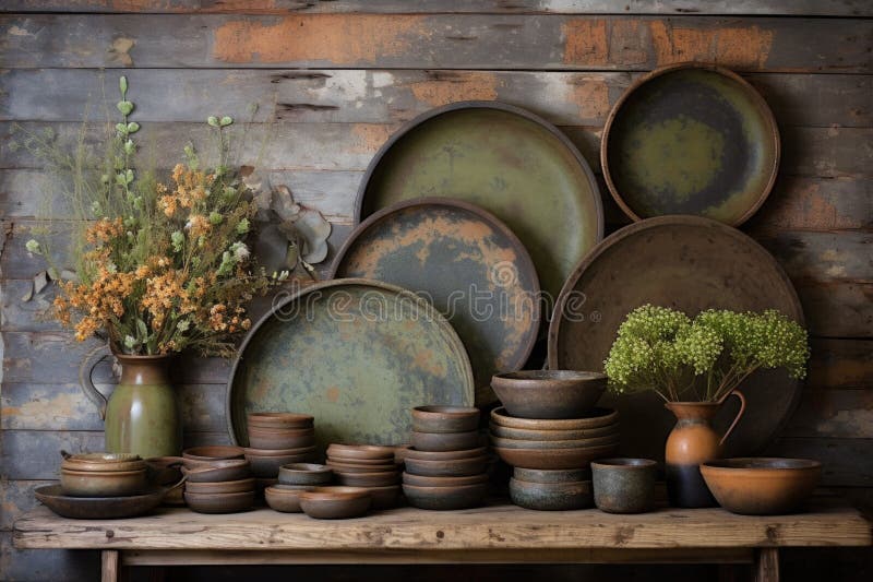 Ceramic Plates and Bowls in Rustic Setting Stock Illustration ...