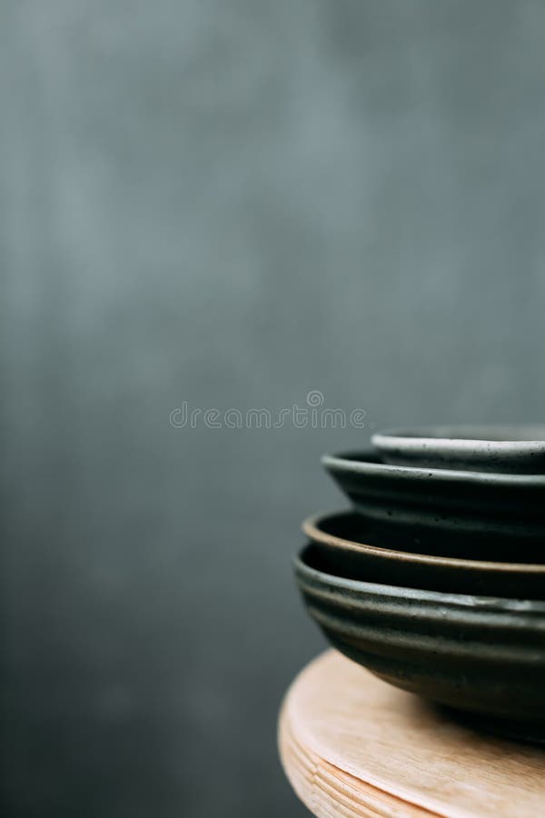 Ceramic Plates on Gray Background with Copy Space Stock Photo - Image ...