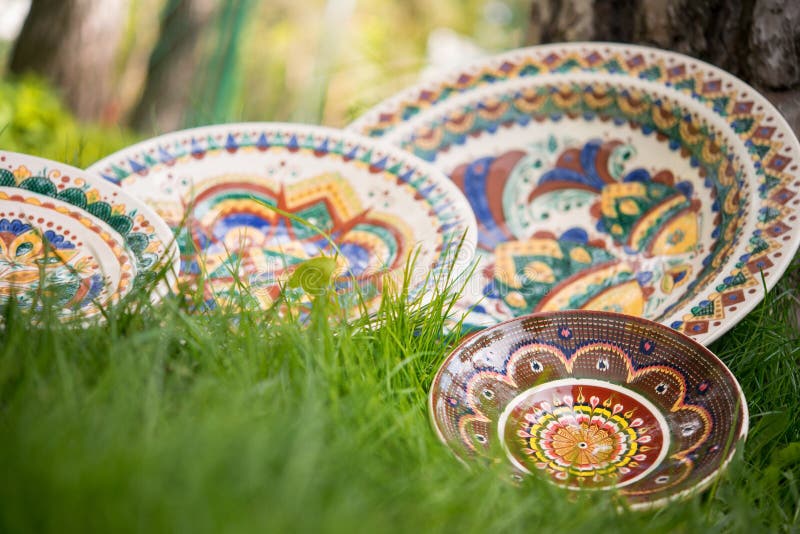Ceramic Plates Painted with Various Traditional Patterns Stock Photo ...