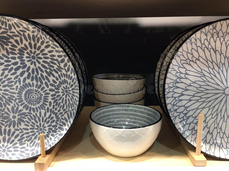 Ceramic Plates with Pattern on Shelf in a Store Stock Photo - Image of ...