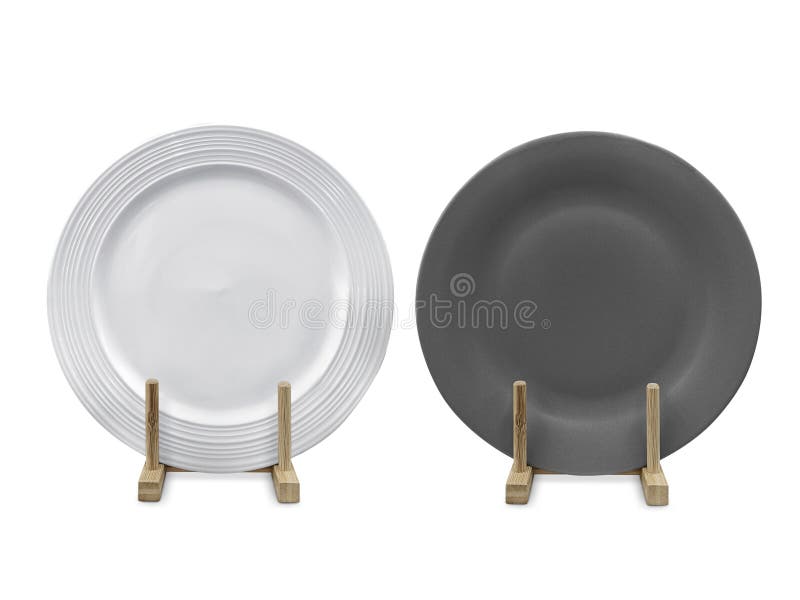 Ceramic Plates in Wooden Stand, Isolated on White Stock Image - Image ...