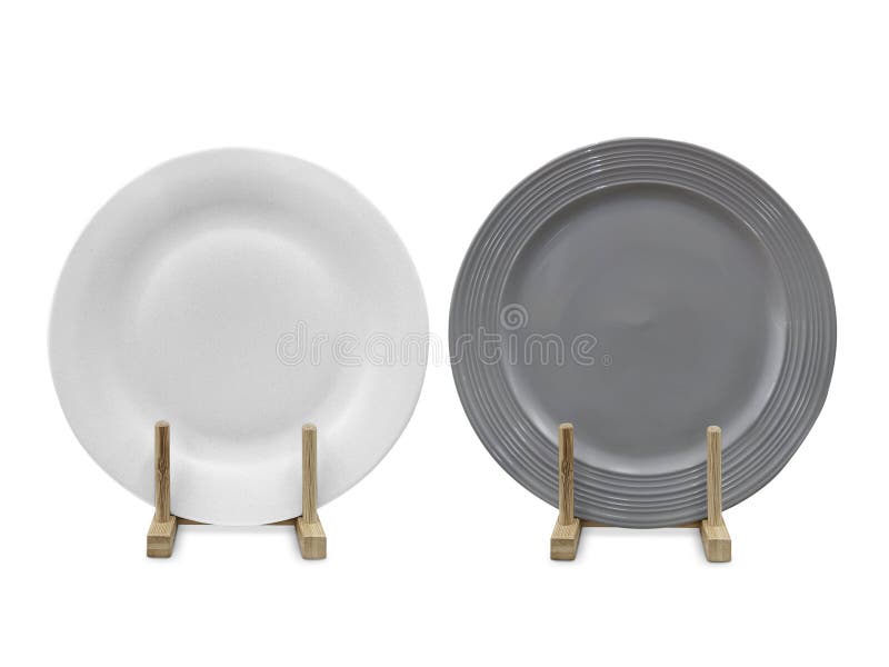 Ceramic Plates in Wooden Stand, Isolated on White Stock Image - Image ...
