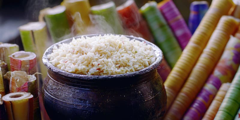 A Ceramic Pot Filled with Rice Sits on a Table, Ready for Use or ...