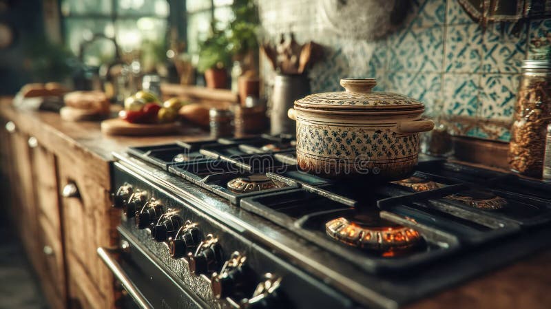Ceramic Pot with Lid Steaming on a Vintage Gas Stove in a Rustic ...
