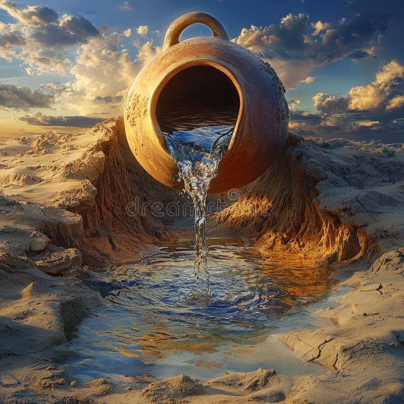 Ceramic Pot Pouring Water into Desert Landscape Under Vivid Sky Stock ...