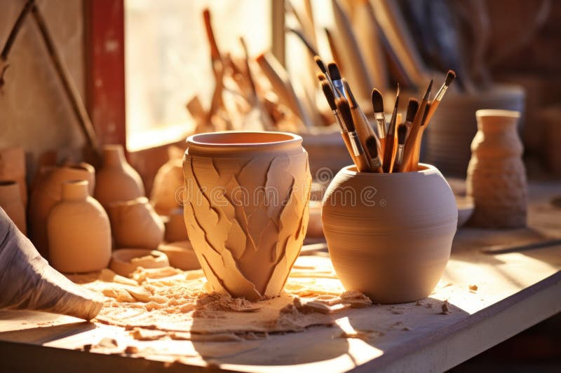 Ceramic Pot with Shaping Tools on Side in Natural Sunlight Stock Photo ...