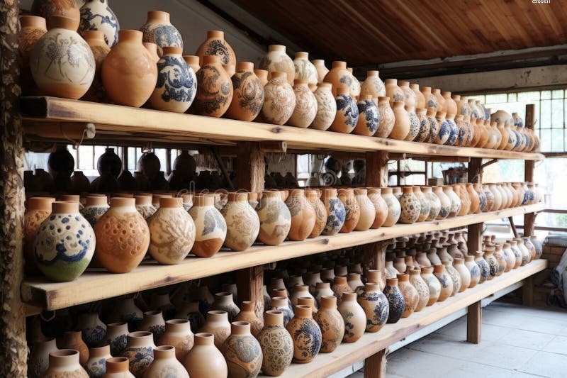 Ceramic Pots Drying on Wooden Racks before Firing Stock Image - Image ...