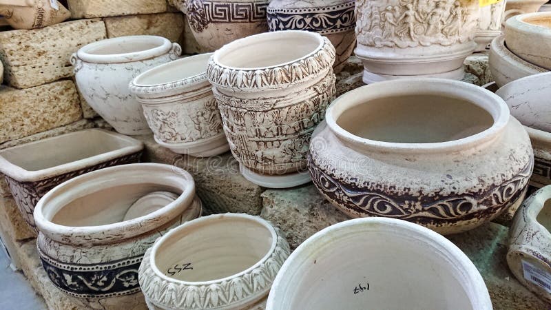 Ceramic Pots for Flowers with Various Patterns Stand in the Store Stock ...