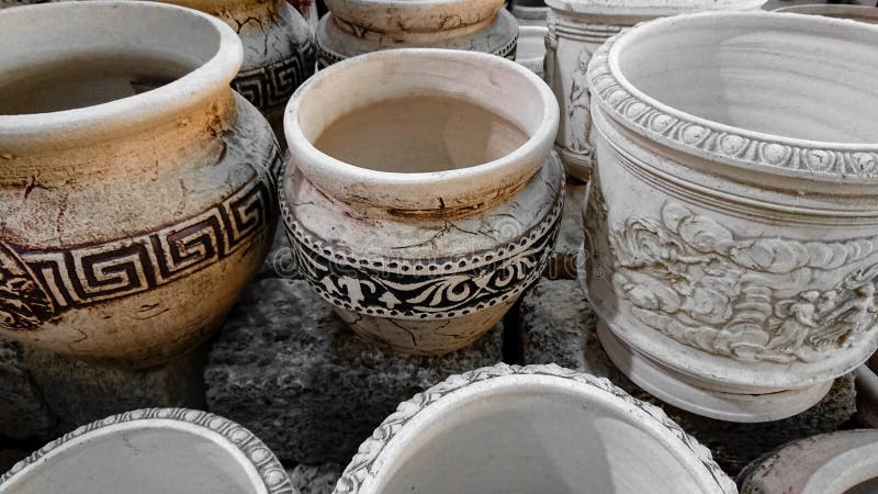 Ceramic Pots for Flowers with Various Patterns Stand in the Store Stock ...