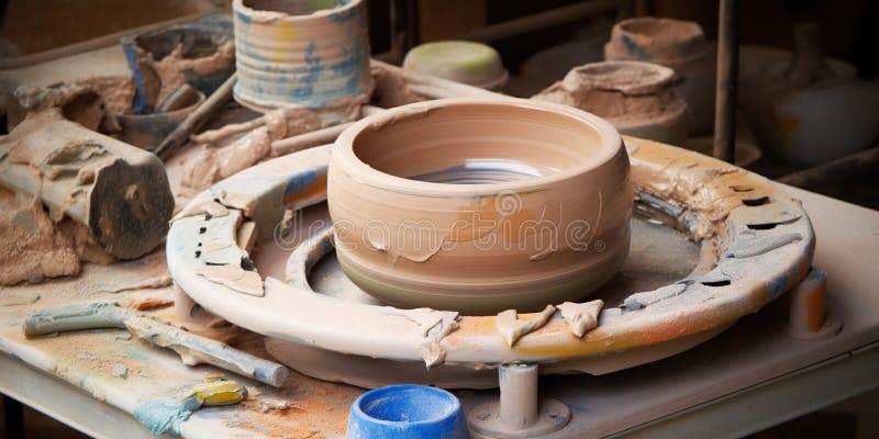 Ceramic Pottery Wheel, Adorned with Clay Remnants, Hinting at the ...